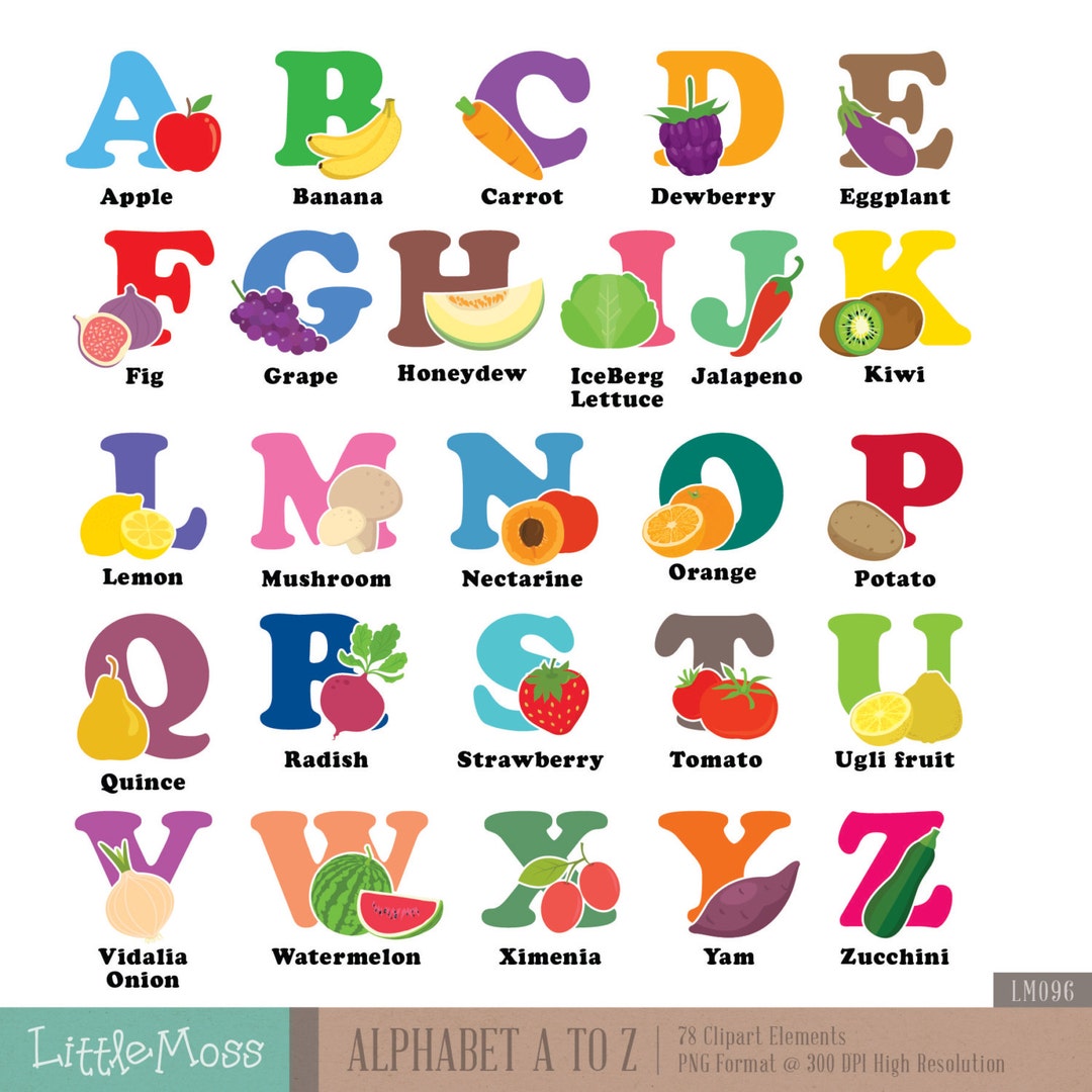 Alphabet A-Z Digital Clipart, Vegetable and Fruit Aphabet - Etsy