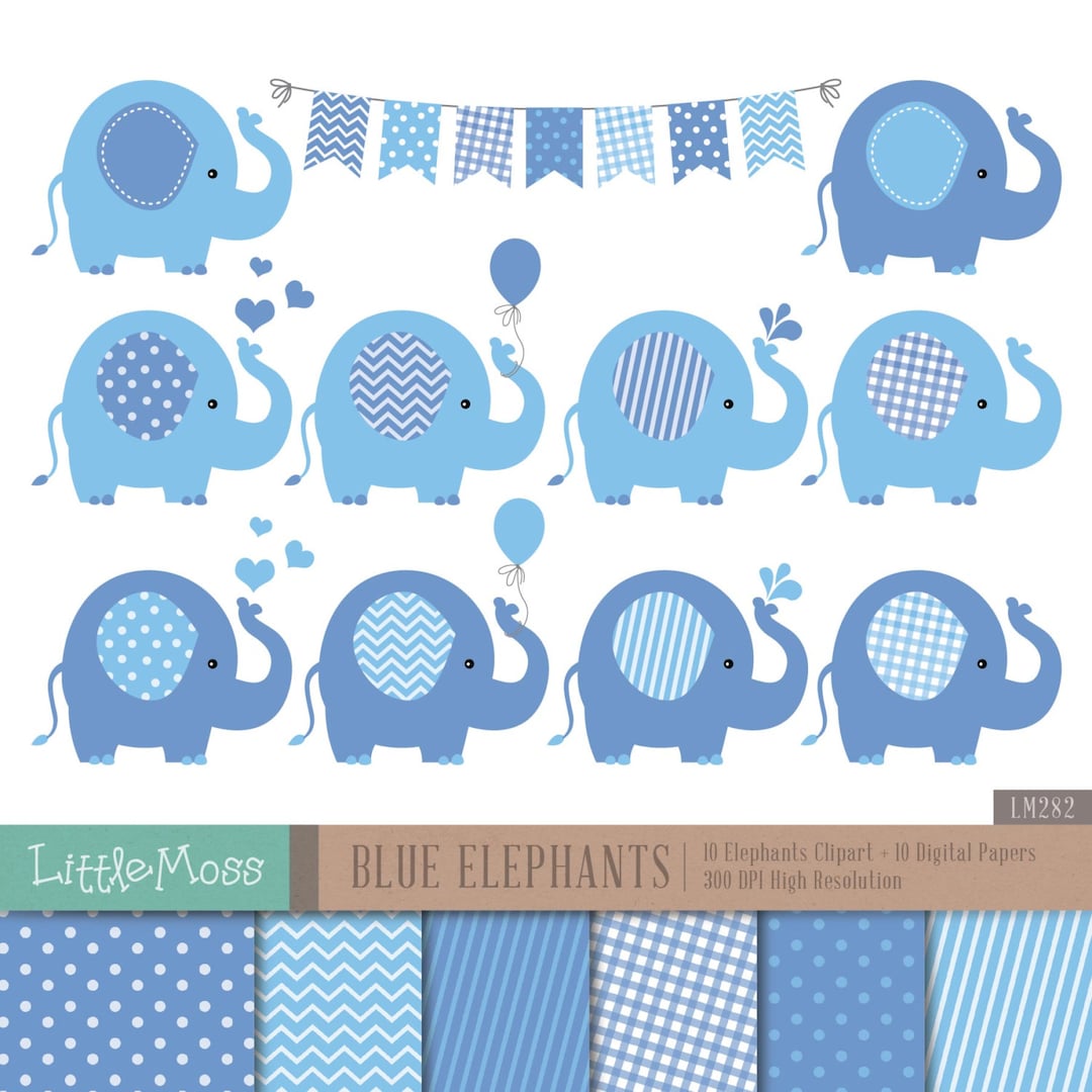 Blue Elephants Clipart and Digital Papers - Etsy