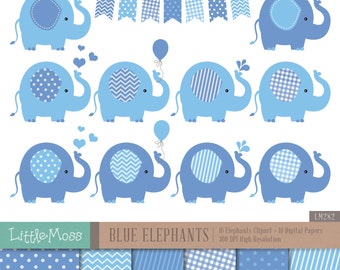 Patterned Tropical Blue Elephants Clipart and Digital Papers Blue ...