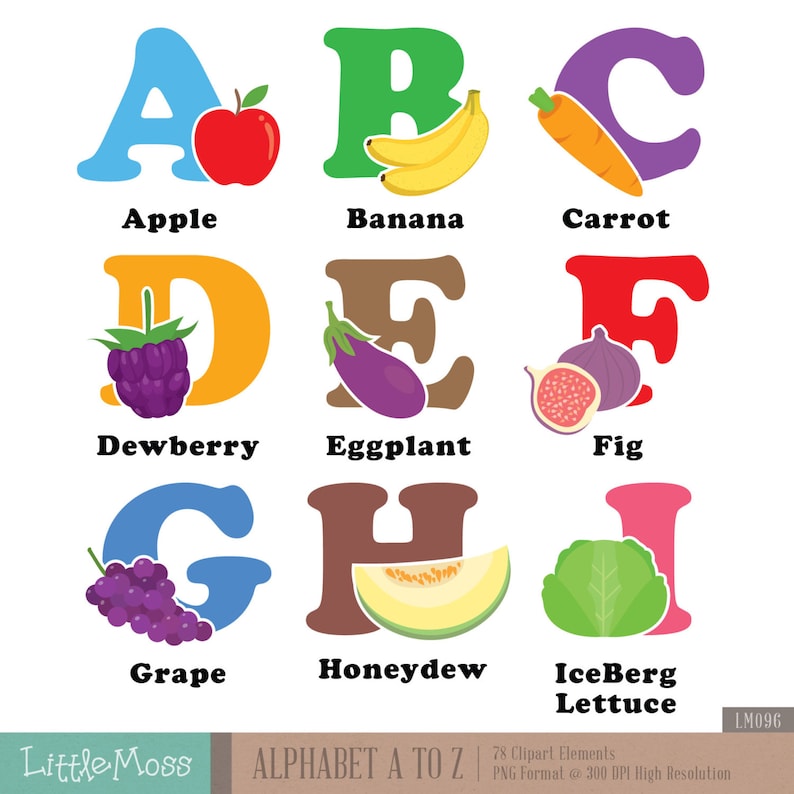 Alphabet A-Z Digital Clipart Vegetable and Fruit Aphabet - Etsy