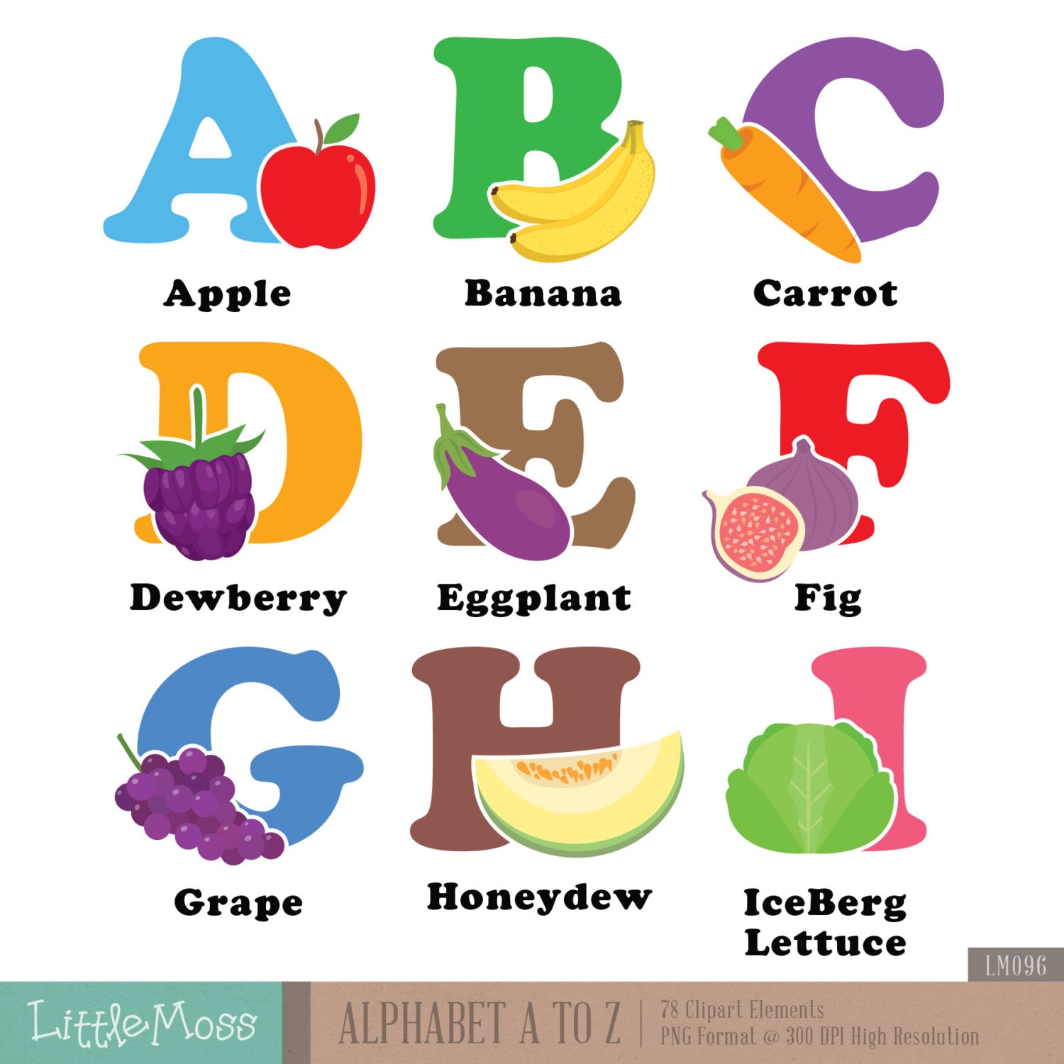 Alphabet A-Z Digital Clipart Vegetable and Fruit Aphabet - Etsy