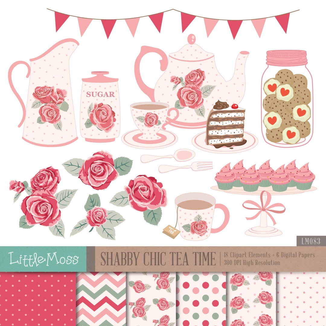 Shabby Chic Tea Time Digital Clipart, Shabby Chic Papers, Tea Party ...