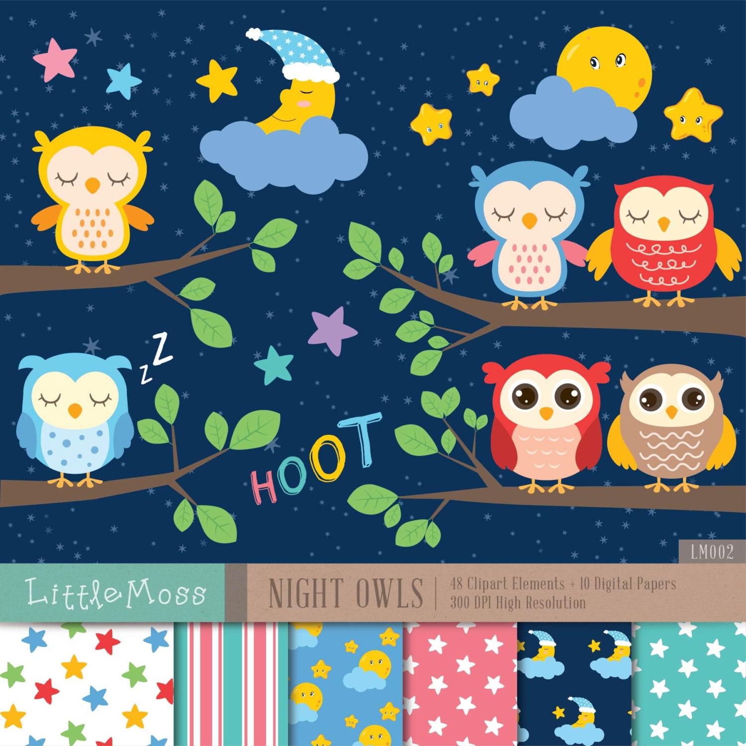 Night Owls Digital Clipart and Papers | Etsy