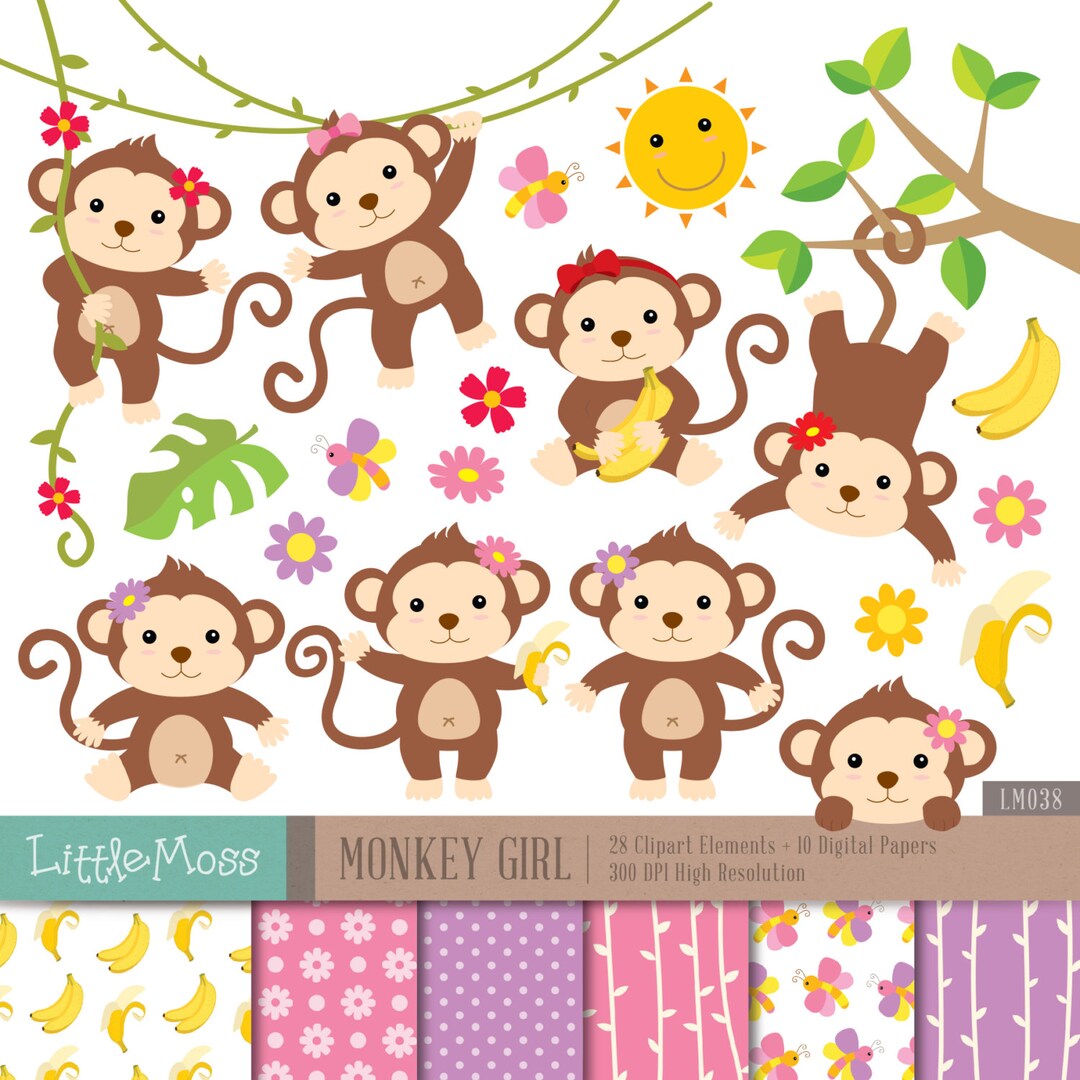Monkey Girl Digital Clipart and Papers, Monkey Clipart - Etsy