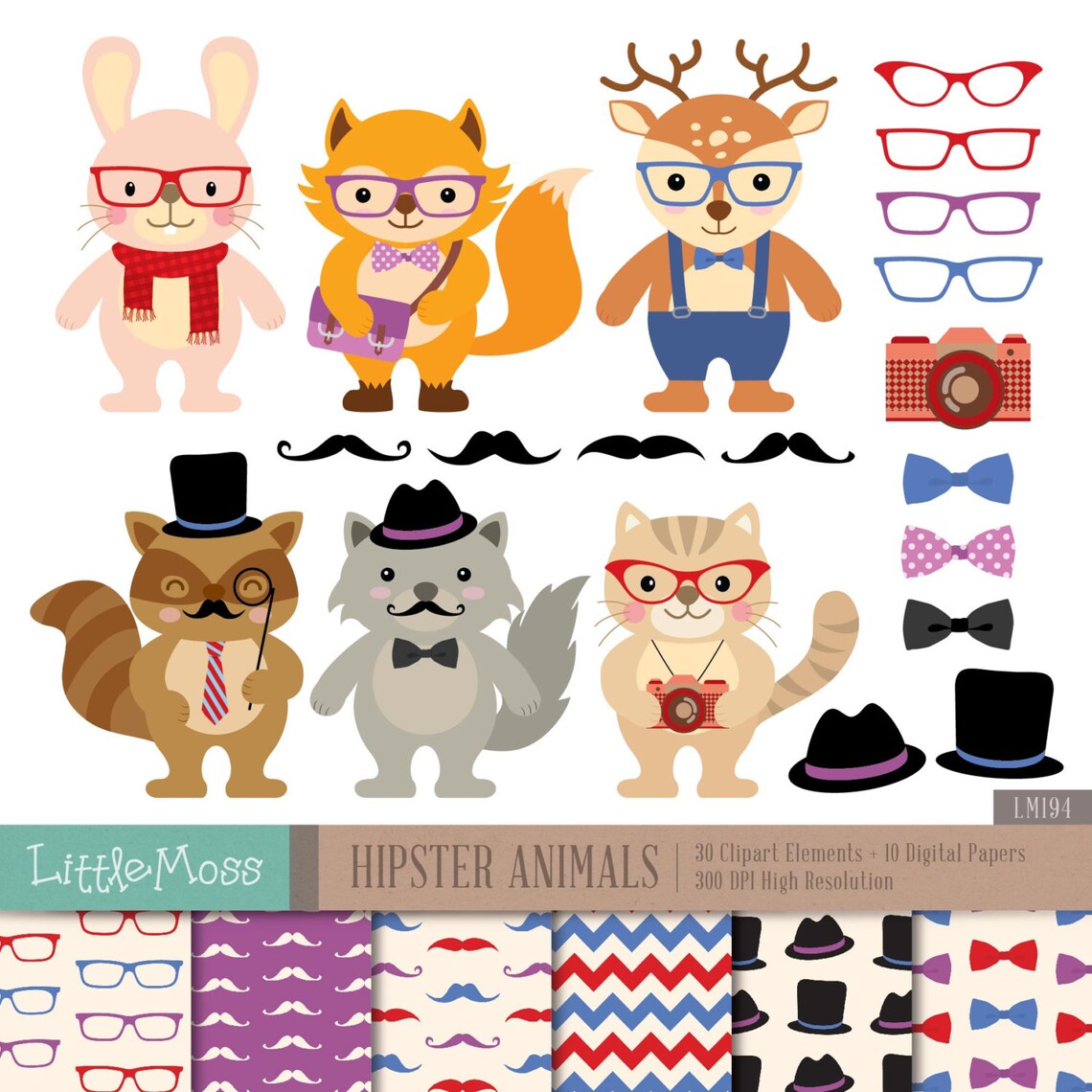 Hipster Animals Digital Clipart and Papers - Etsy