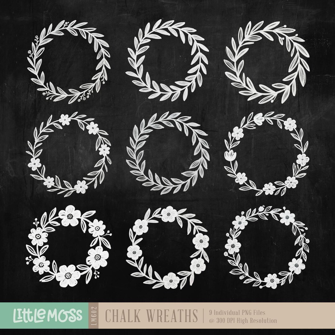Chalk Wreaths Digital Clipart, Hand Drawn Laurels Clipart, Chalk ...