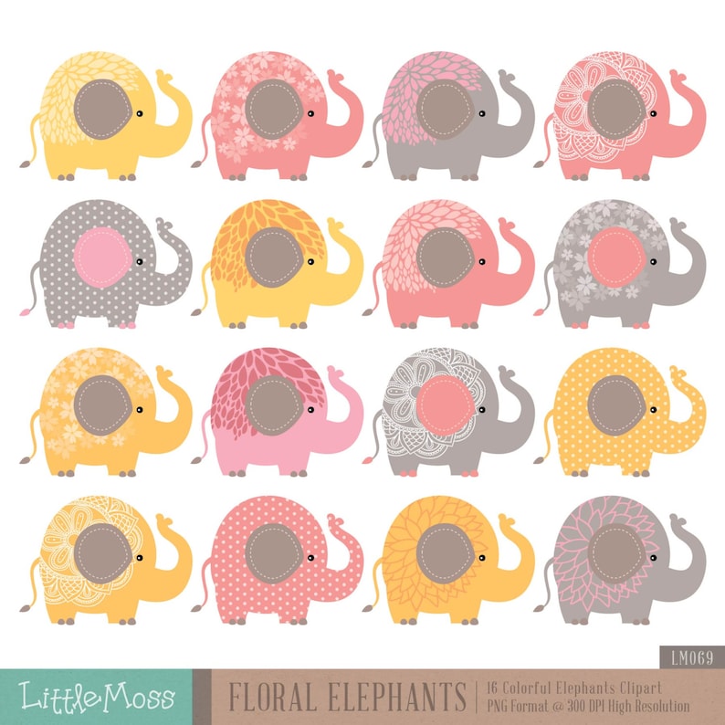 Floral Elephants Clipart Pink Elephant Clipart - Etsy