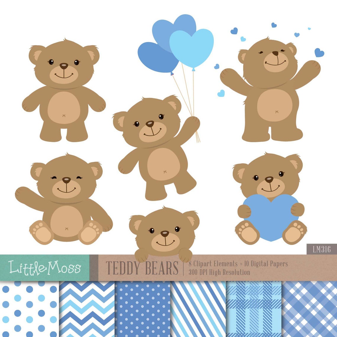 Teddy Bears Digital Clipart and Papers - Etsy