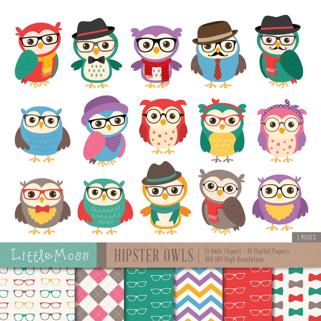 Hipster Owls Digital Clipart and Papers - Etsy