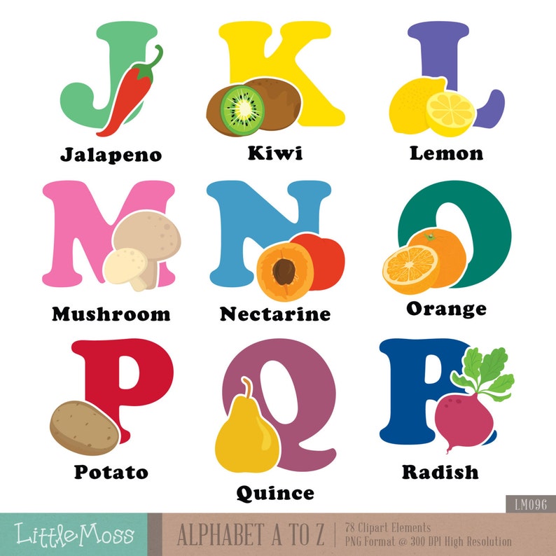 Alphabet A-Z Digital Clipart Vegetable and Fruit Aphabet - Etsy