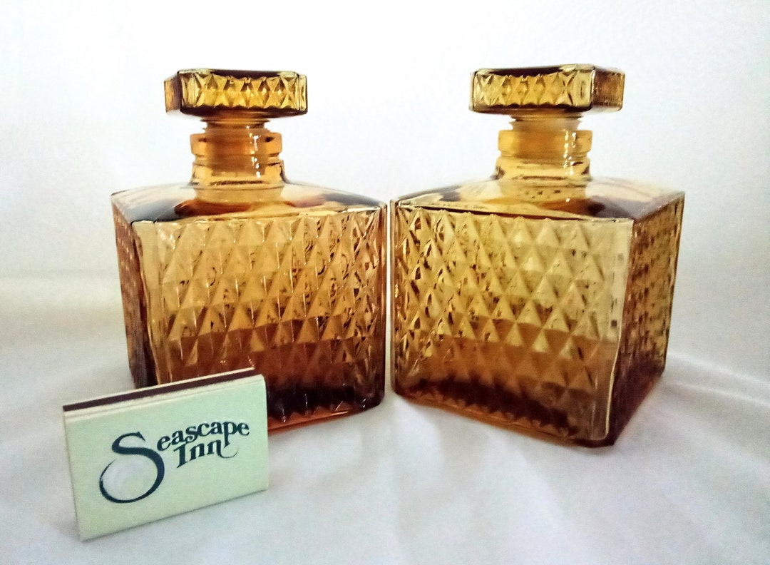 Set of 2 Decanters, Vintage Amber Diamond Point Decanters, Barware ...
