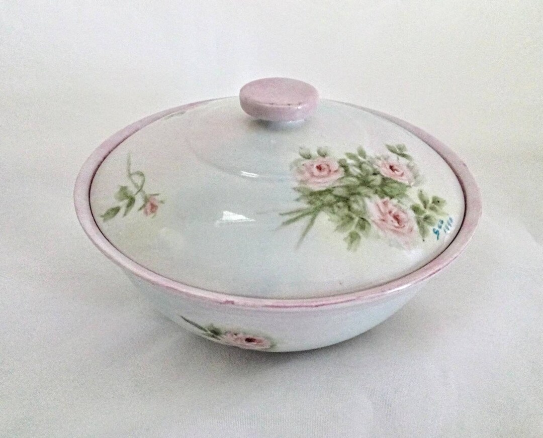 Vintage Hand-painted Roses Covered Dish, Pink Roses Porcelain Bowl With ...