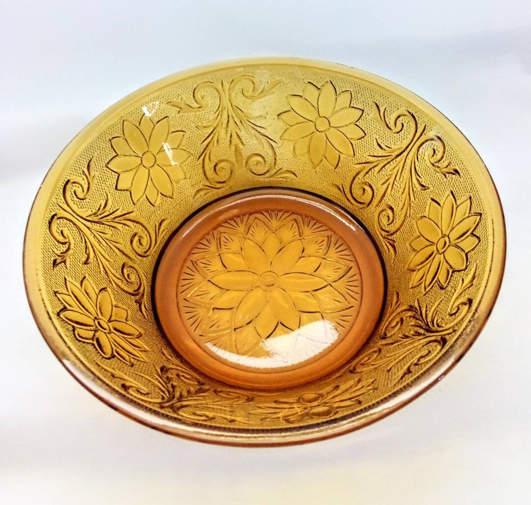Large Amber Tiara Daisy Glass Bowls, 8-1/2" Large Serving Bowls, 3 ...