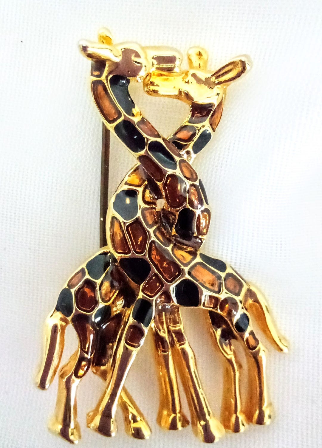Vintage Giraffe Brooch, Entwined Giraffes Enamel and Gold Electroplated ...