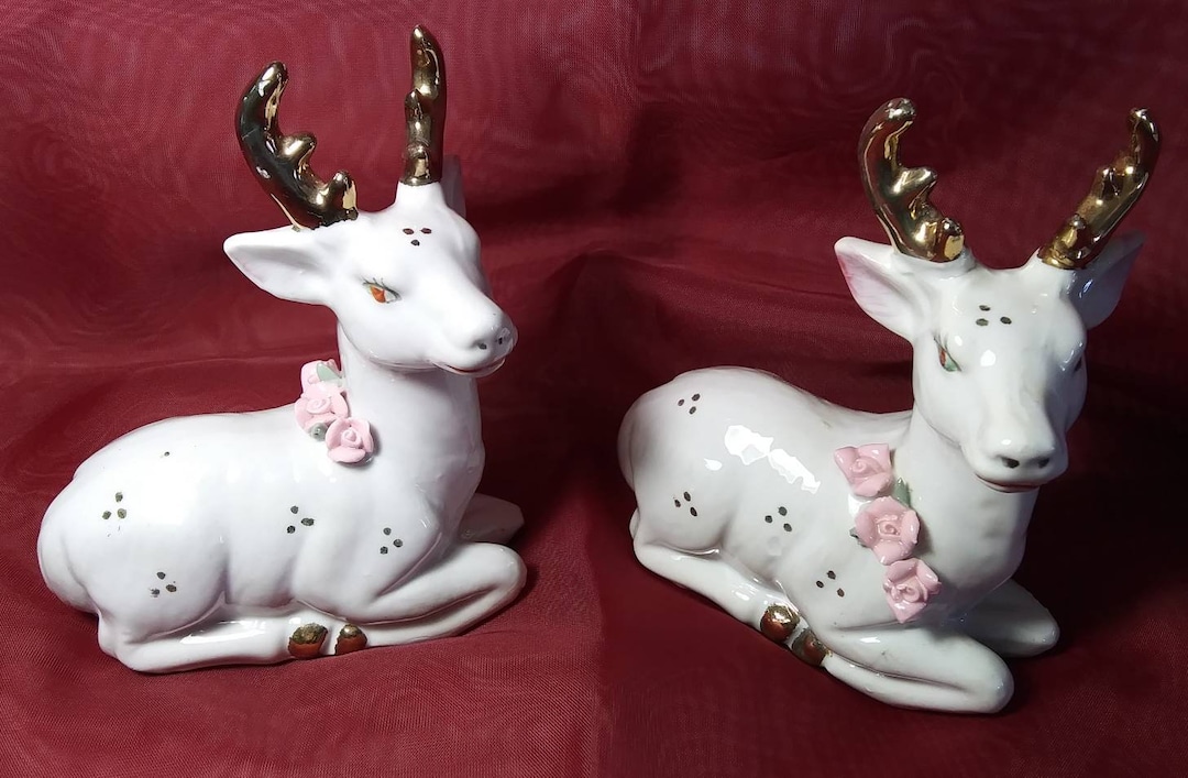 Pair of Vintage Porcelain Reindeer With Gold Antlers - Etsy