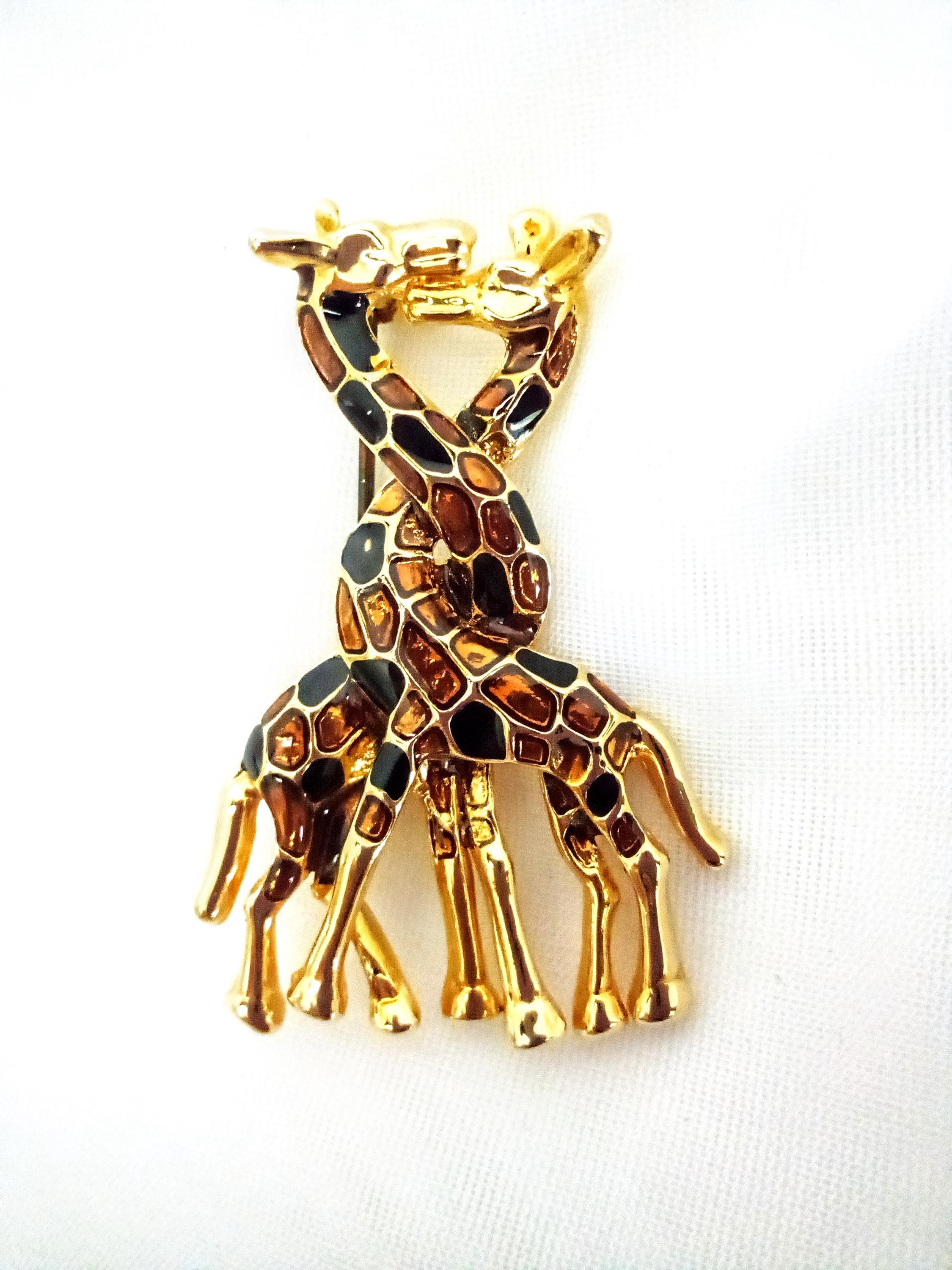 Vintage Giraffe Brooch, Entwined Giraffes Enamel and Gold Electroplated ...