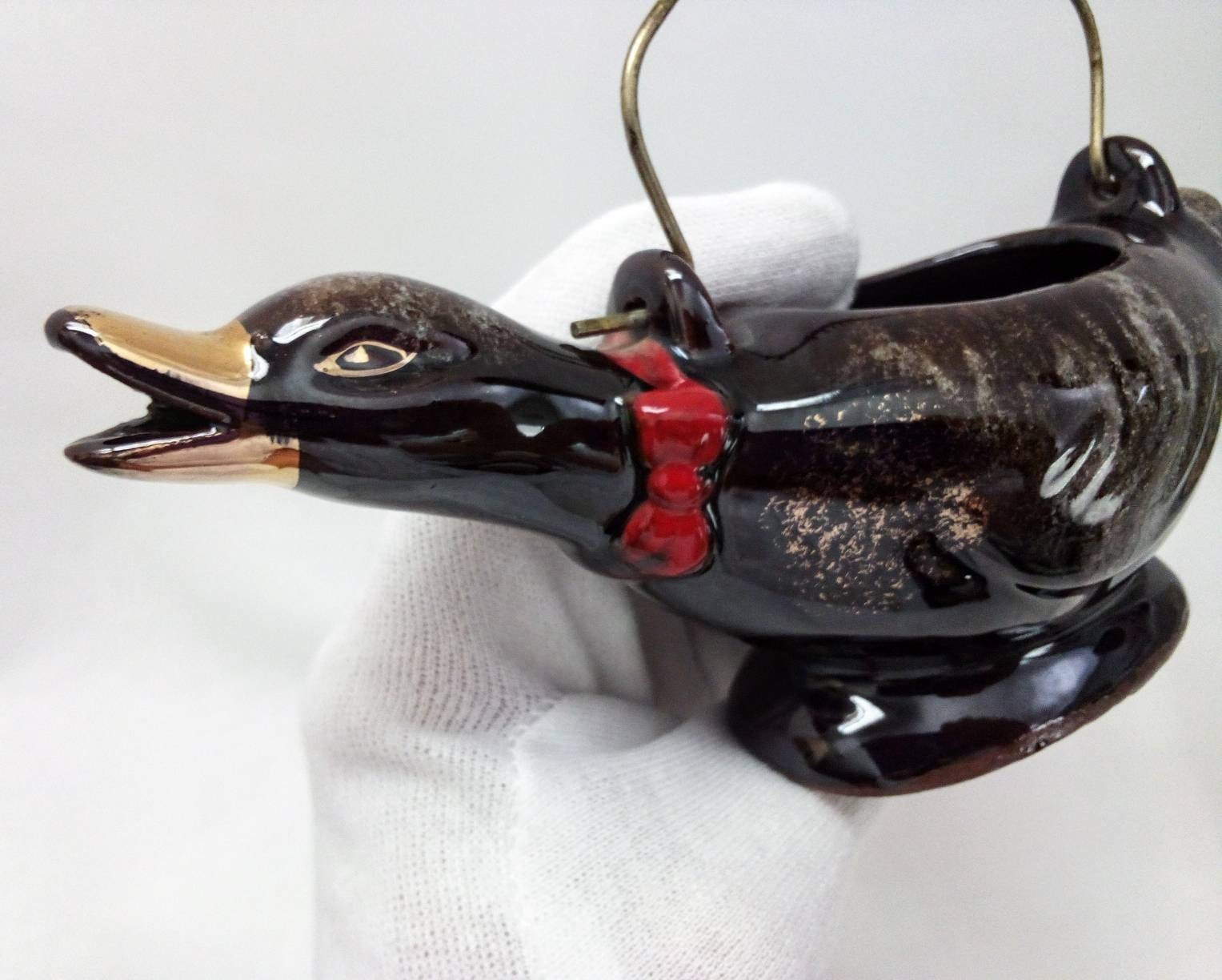 Vintage Redware Duck Creamer/pitcher Gold Accents With Wire - Etsy