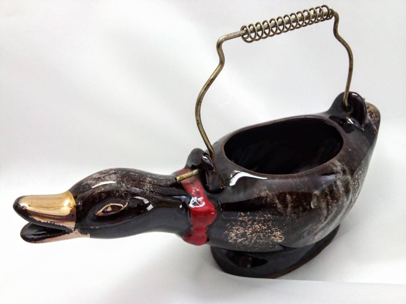 Vintage Redware Duck Creamer/pitcher Gold Accents With Wire - Etsy