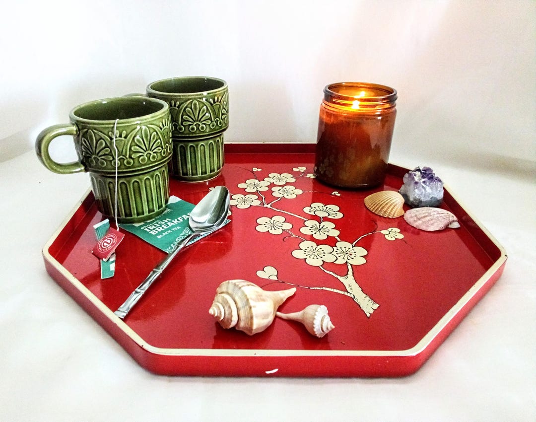 1979 Red Lacquer Ware Cherry Blossom Octagonal Tray, Vintage Red ...