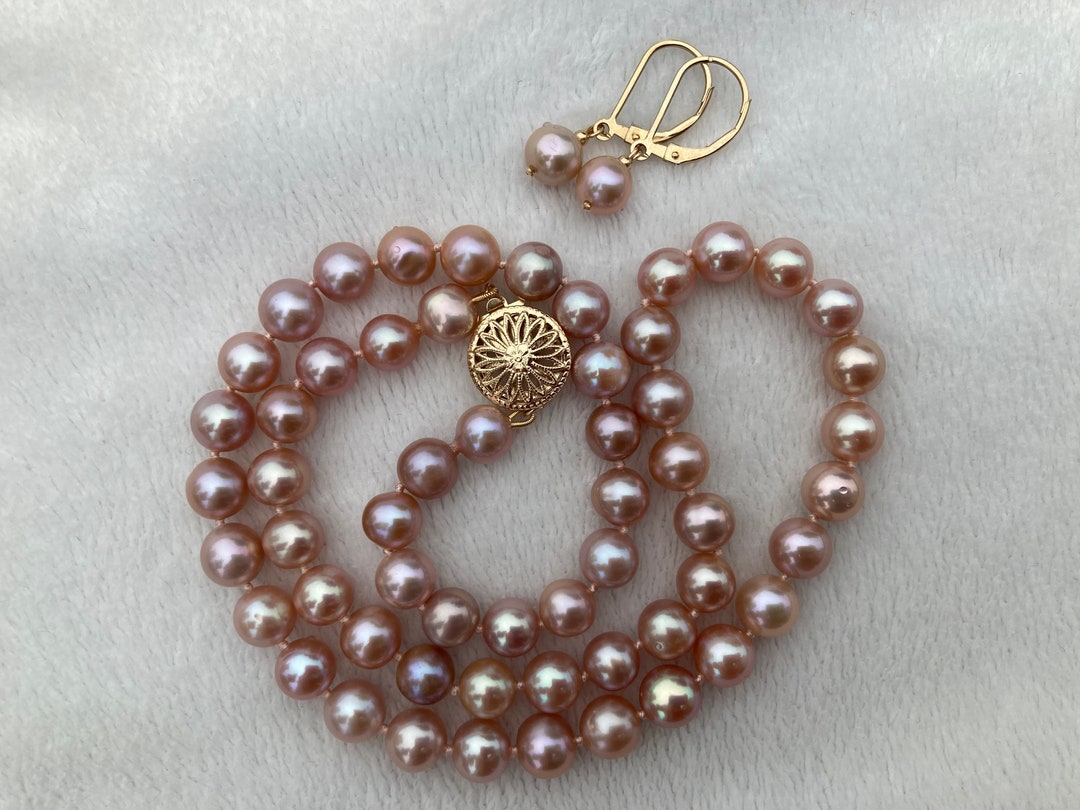 Freshwater Pearl Necklace Earrings Set, AA+ Round Pink Natural Colour 7-7.5mm Genuine Pearls ...
