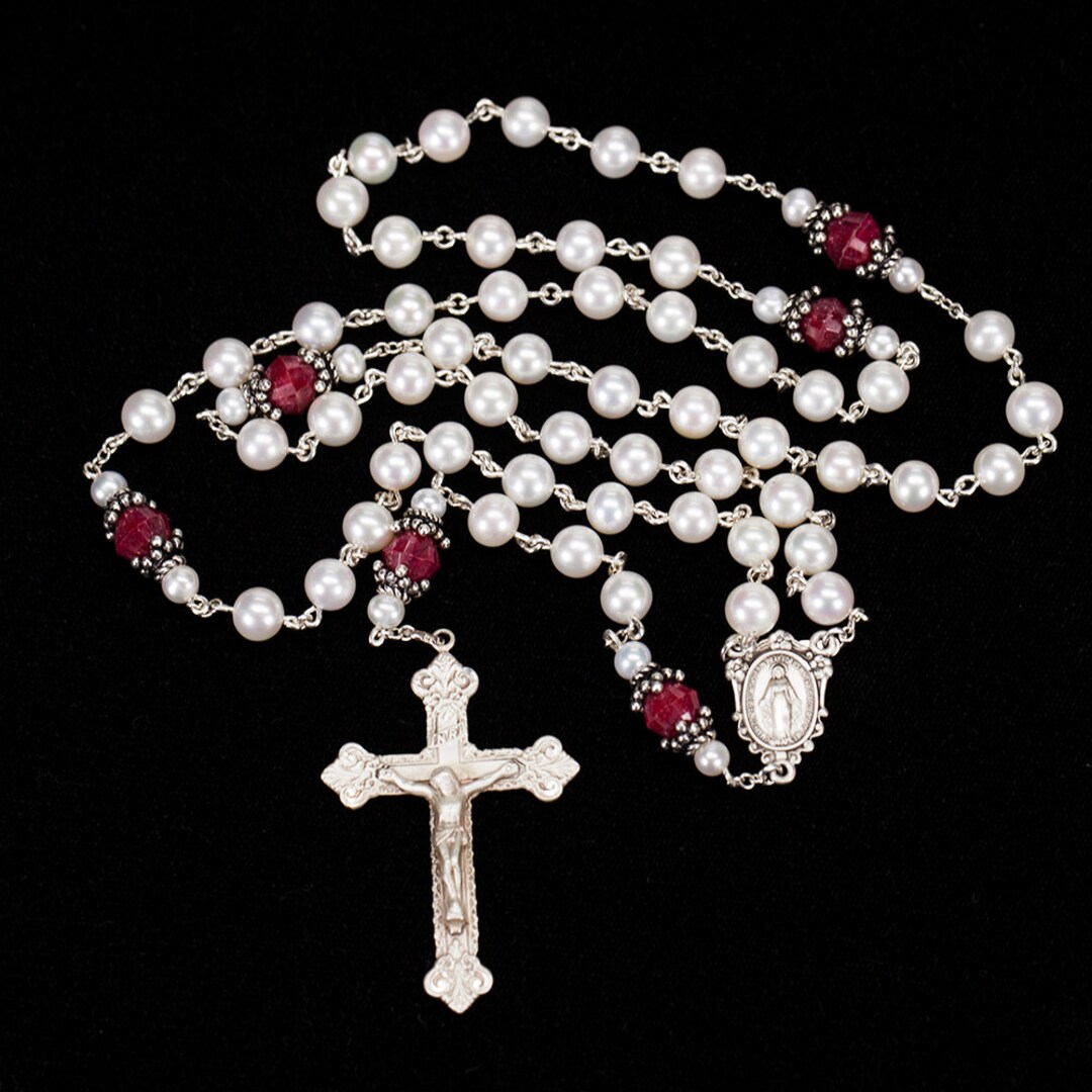 Pearl Ruby Catholic Women's Rosary - Handmade Gift, Freshwater Pearls ...