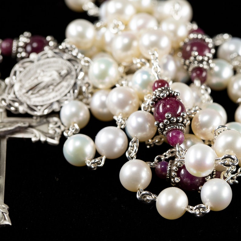 Pearl & Ruby Catholic Women's Rosary - Handmade Heirloom Gift, Sterling Silver, Miraculous Medal ...