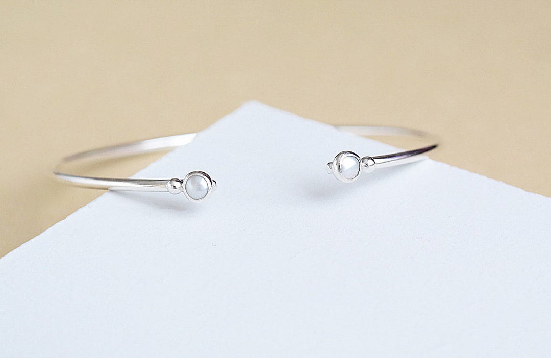 Silver Bangle Pearl Bangle Birthstone Bangle Pearl - Etsy