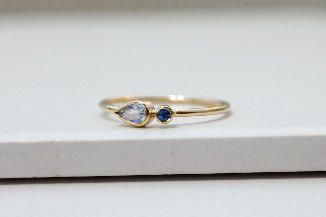 Solid Gold Moonstone Ring, Sapphire Stacking Ring, Minimalist Women ...