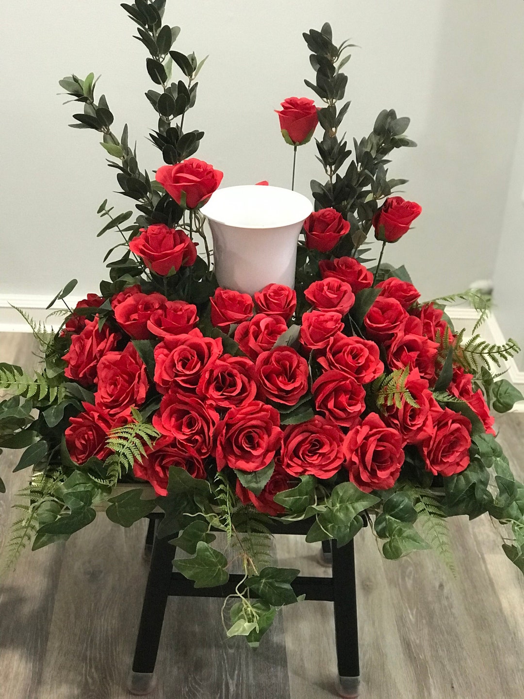 Red Rose Memorial Arrangement: Silk Funeral Flowers, Urn Space - Etsy
