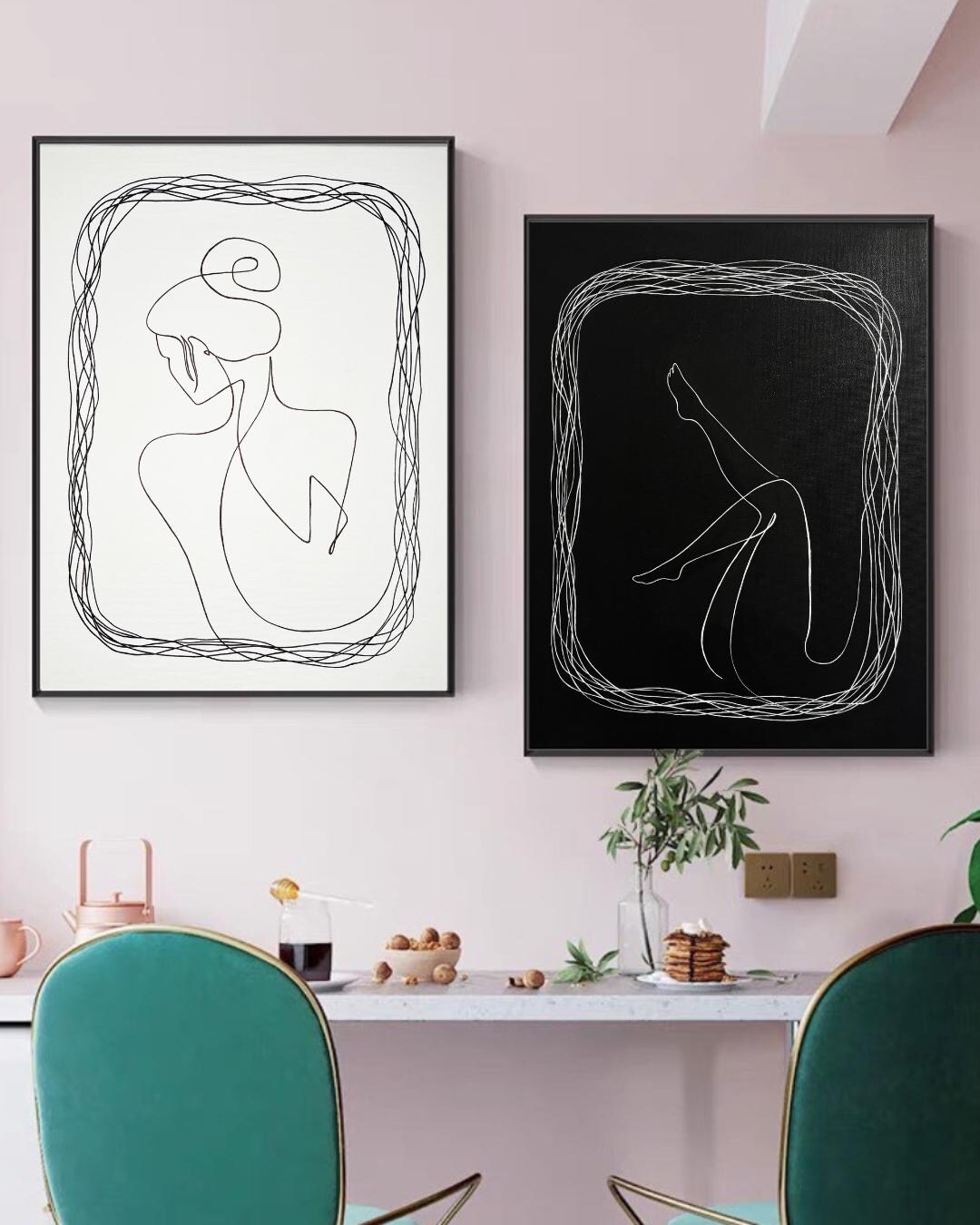 Figures | Two-piece One Line Painting | Marker on Canvas | Unframed - Etsy