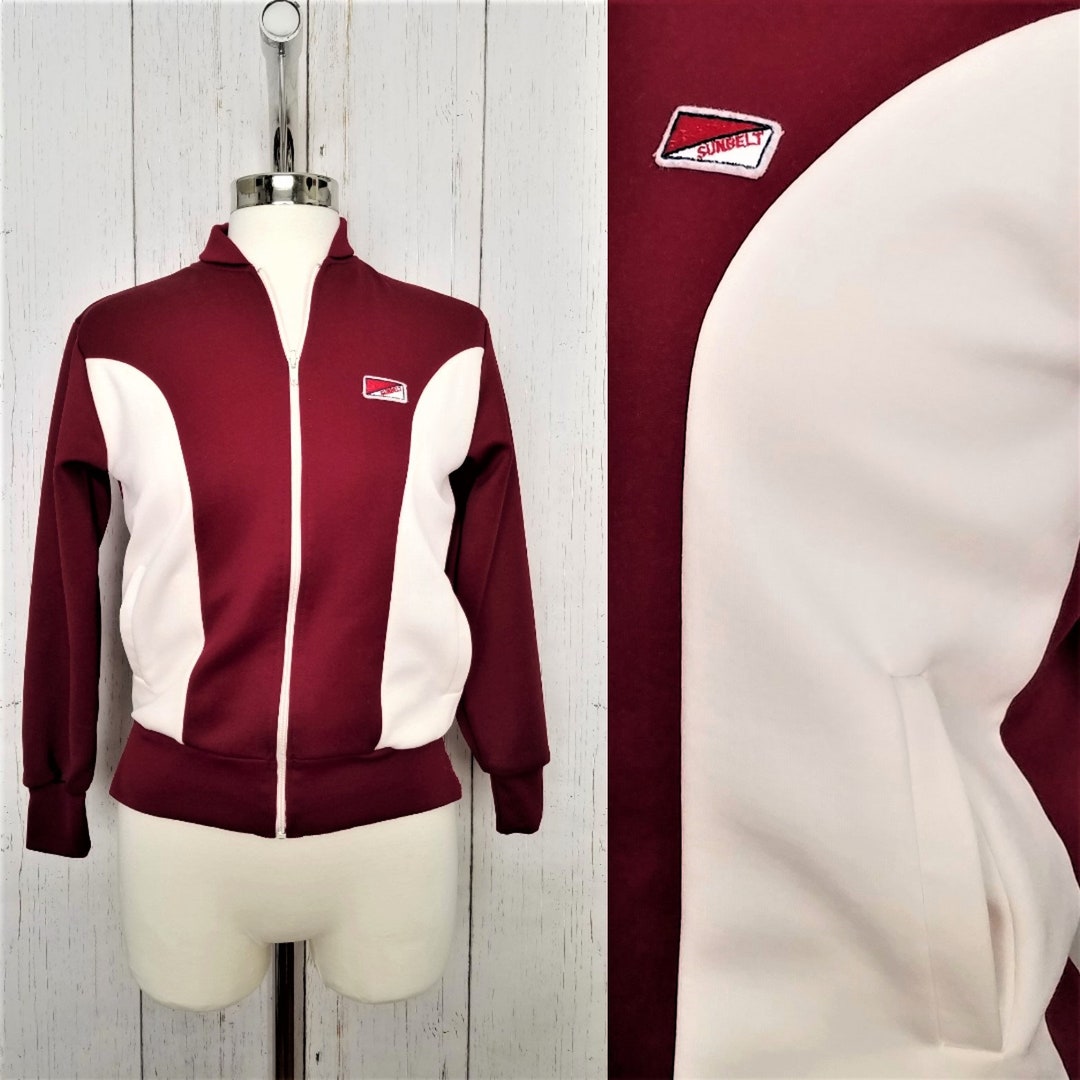 Retro Maroon Track Jacket - 70's / 80's Red & Ivory Zip-up Sweatshirt ...