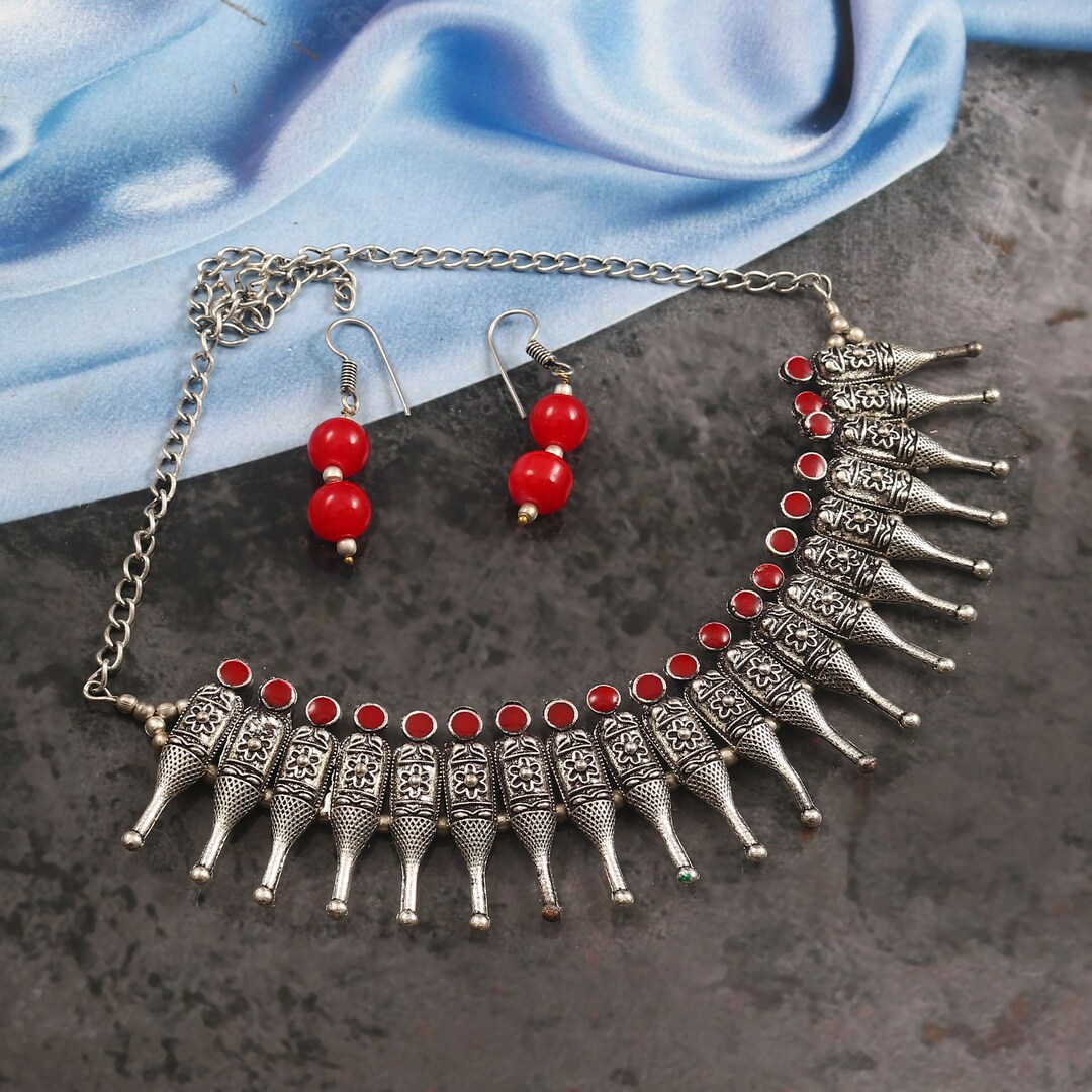 Art Deco Oxidized Silver Plated Handmade Necklace Earring Set, Antique ...