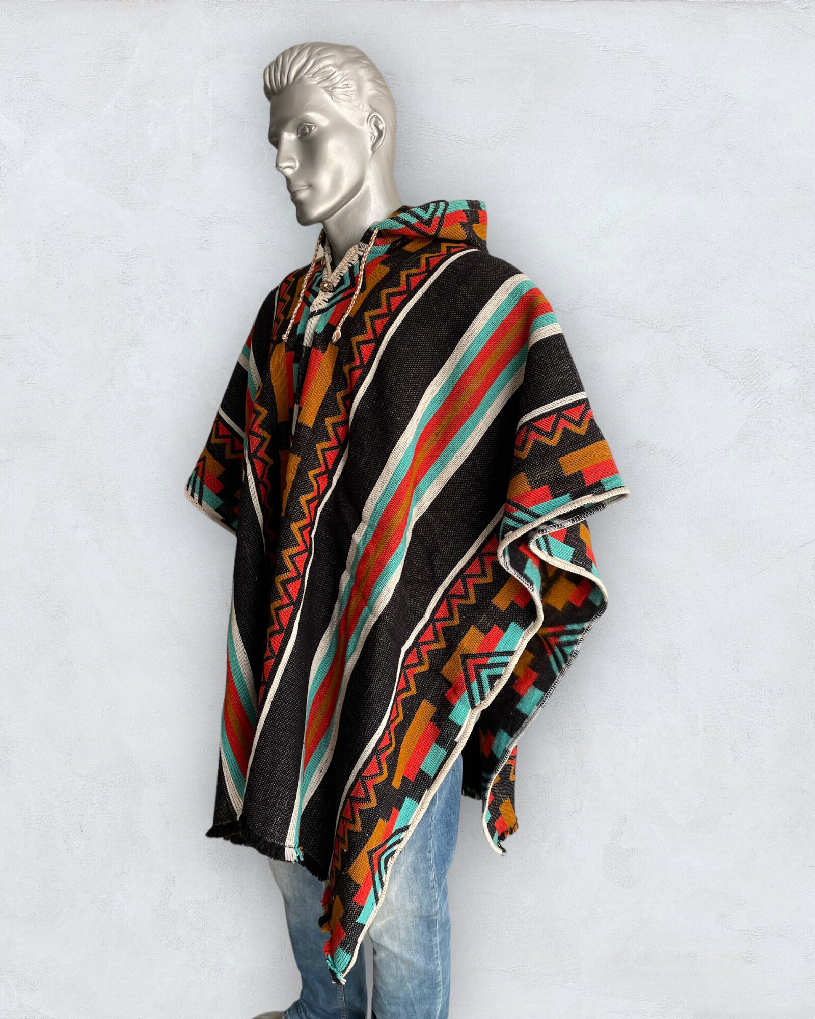 Wool Poncho Hood in Black Red | Soft Comfortable Wool Navajo Wool Poncho Hood in Black Red | Soft Comfortable Wool Navajo