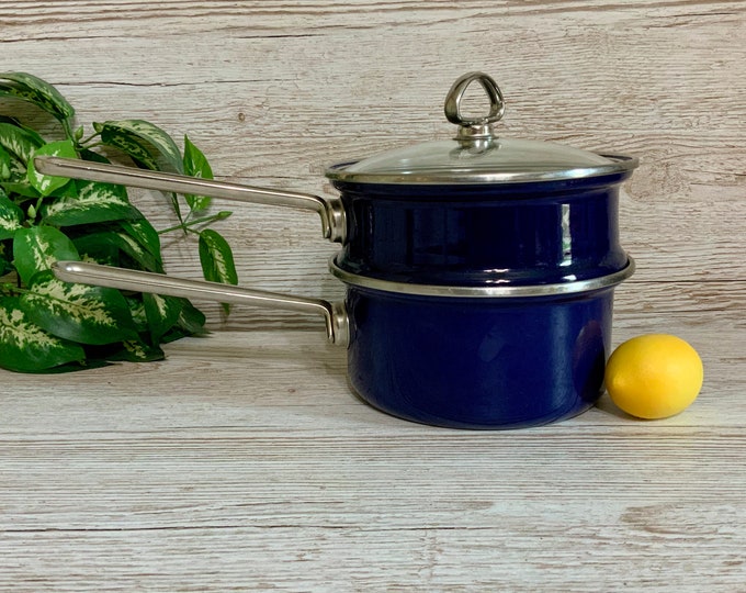 Vintage Chantal Enamel-on-steel Double Boiler Set With Tempered Glass ...