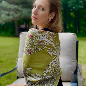 Silk Scarf "tree of Life" , Printed Square Scarf in Chartreuse, Gift ...