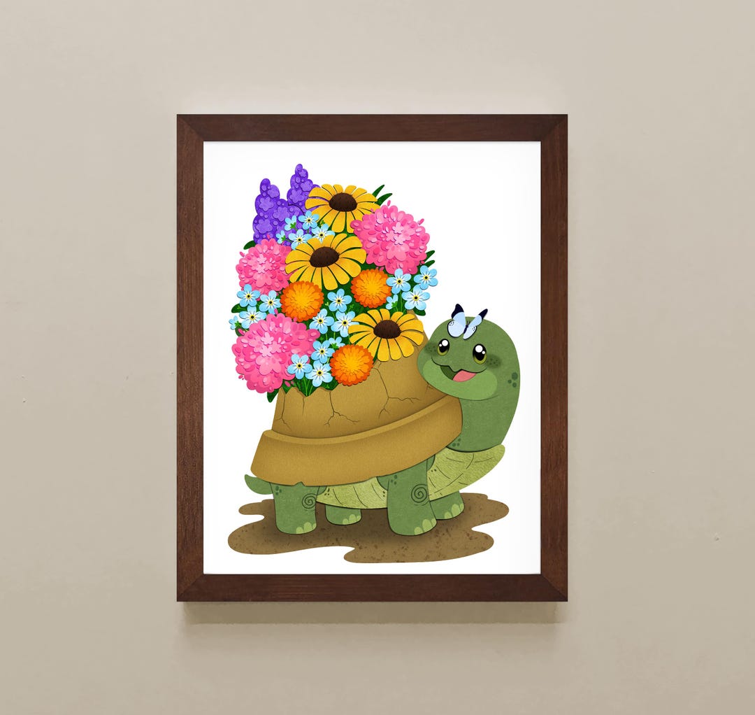 Turtle in Bloom Art Print – Whimsical Floral Turtle Illustration - Etsy