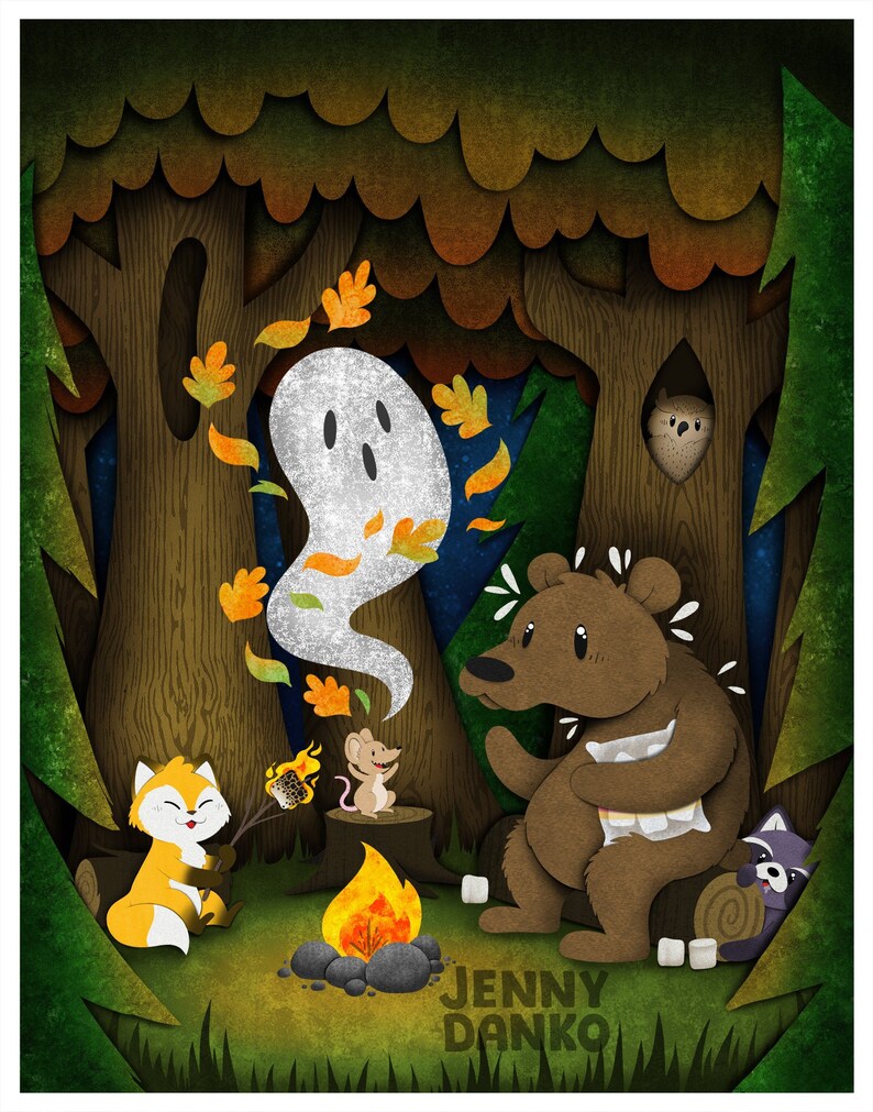Camp Fire Ghost Stories Print cute illustration camping | Etsy