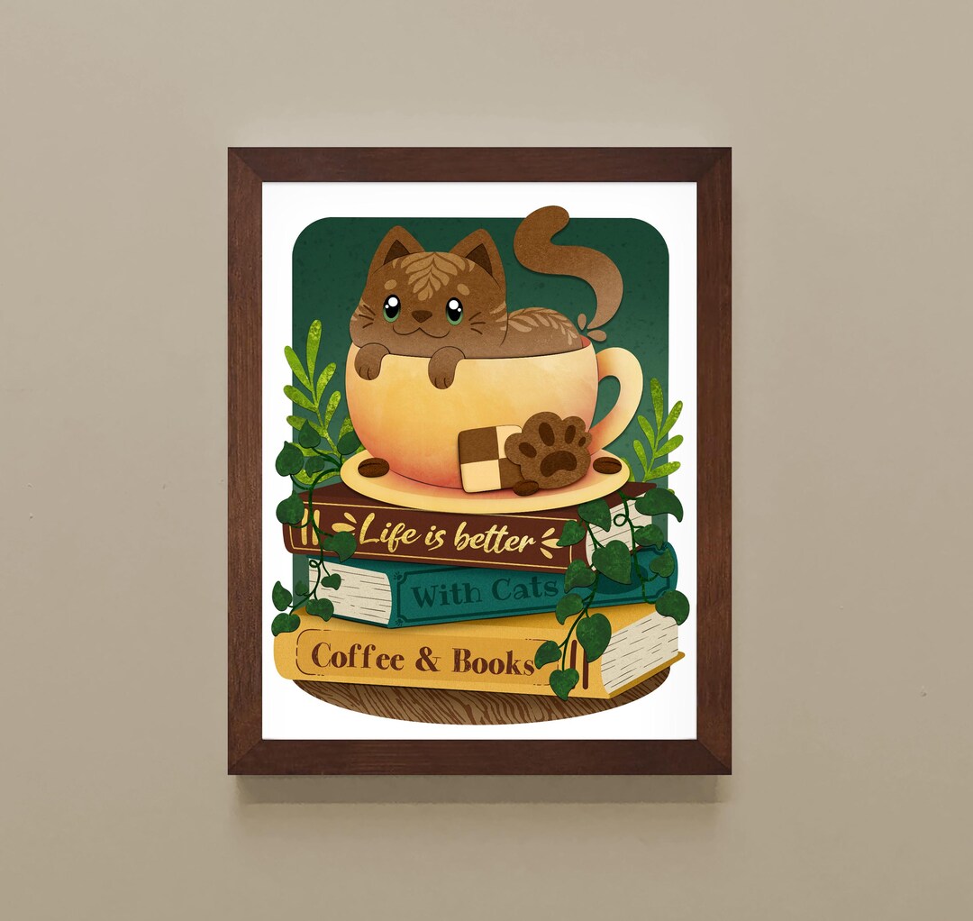 Coffee Cat Art Print – Cute & Cozy Coffee Lover Illustration - Etsy