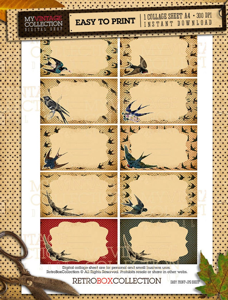 Swallow Labels Vintage - 10 Labels Colors Dots Tags Printable Collage ...
