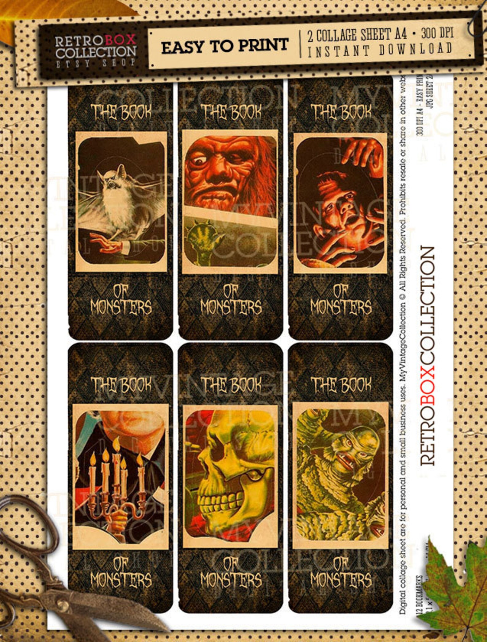 Monsters Horror Halloween Bookmarks - 12 Vintage Digital Printable ...