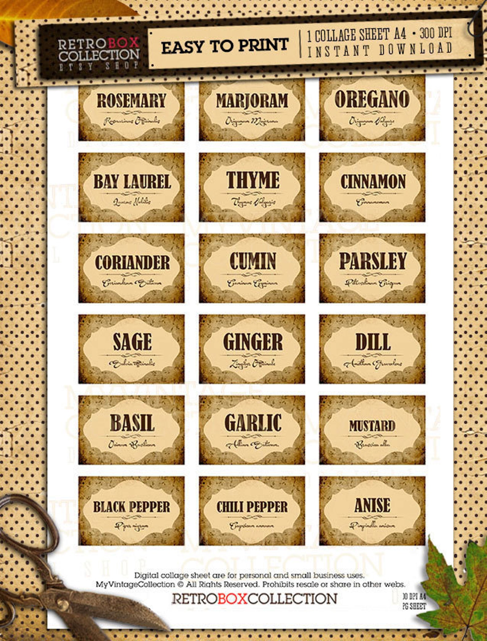 Spices Labels Vintage - 18 Labels Tags Printable Collage Sheet Instant ...