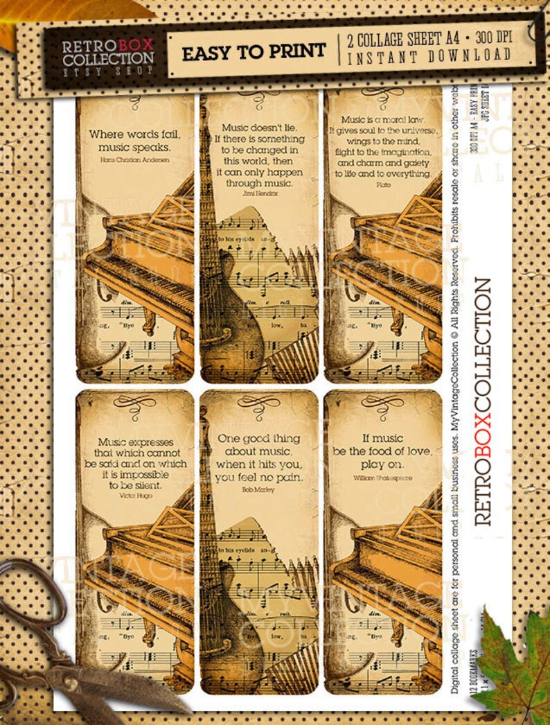 Music Quotes Bookmarks - 12 Digital Printable Collage Sheet Instant ...