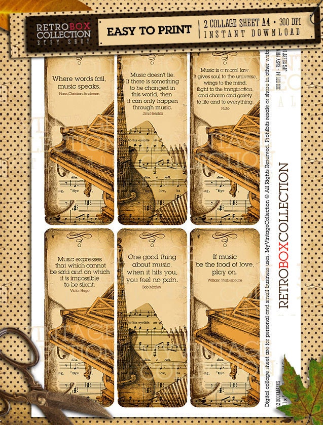 Music Quotes Bookmarks - 12 Digital Printable Collage Sheet Instant ...