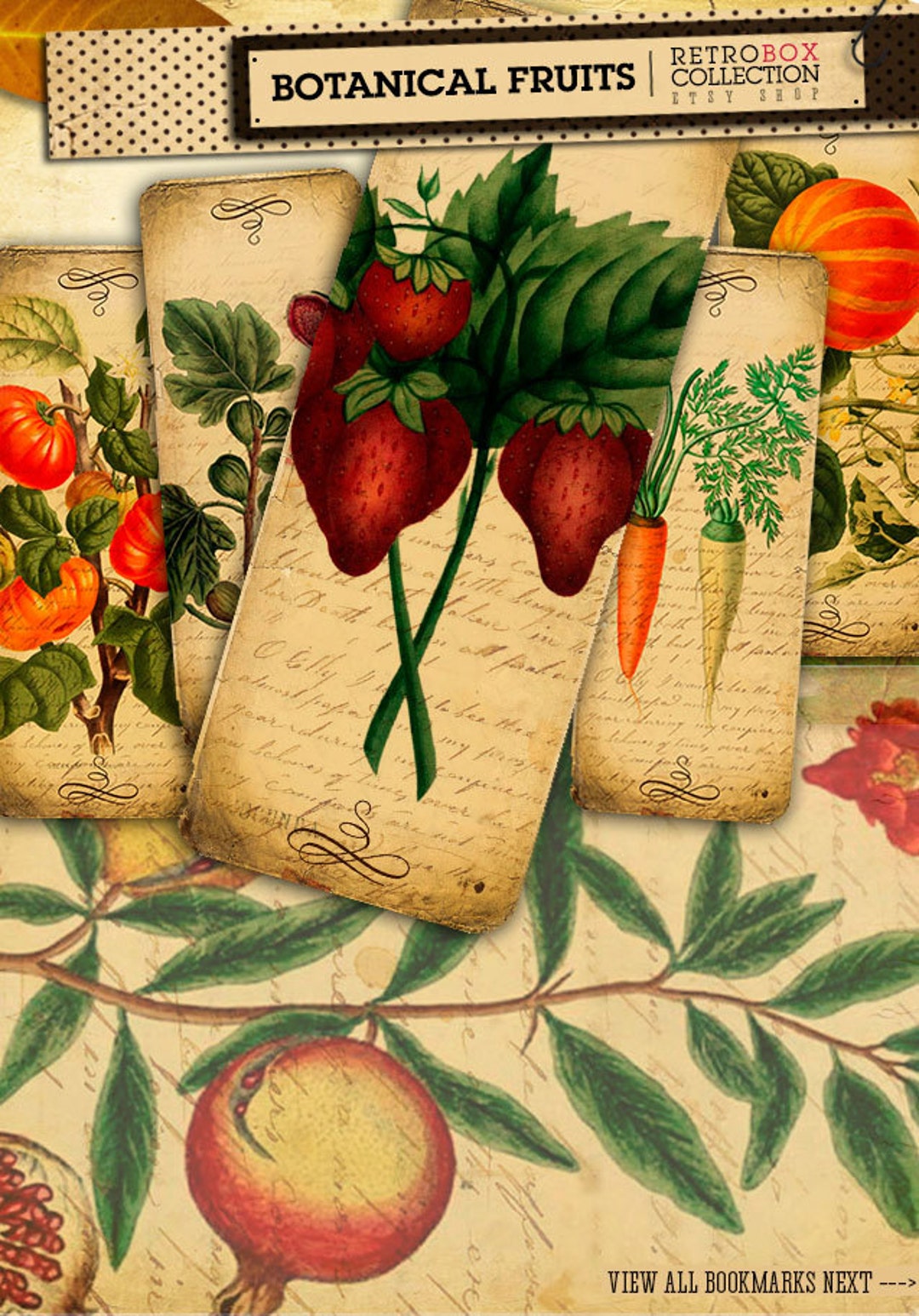 Fruits Vintage Bookmarks - 12 Botanical Fruits Printable Collage Sheet Instant Download - Retro ...