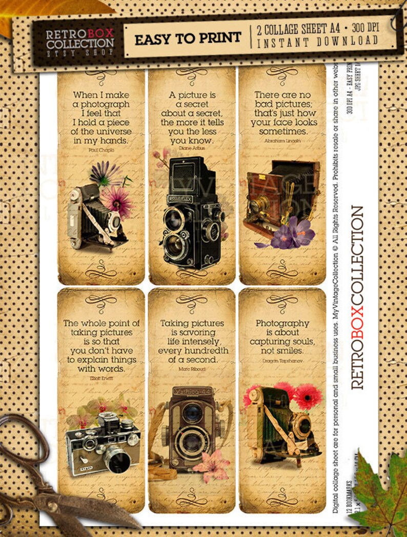 Photography Quotes & Flowers Bookmarks - 12 Vintage Digital Printable ...