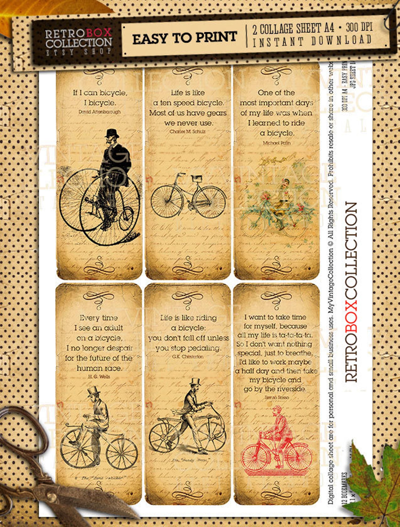 Bicycle Quotes Bookmarks - 12 Bike Vintage Digital Printable Collage ...