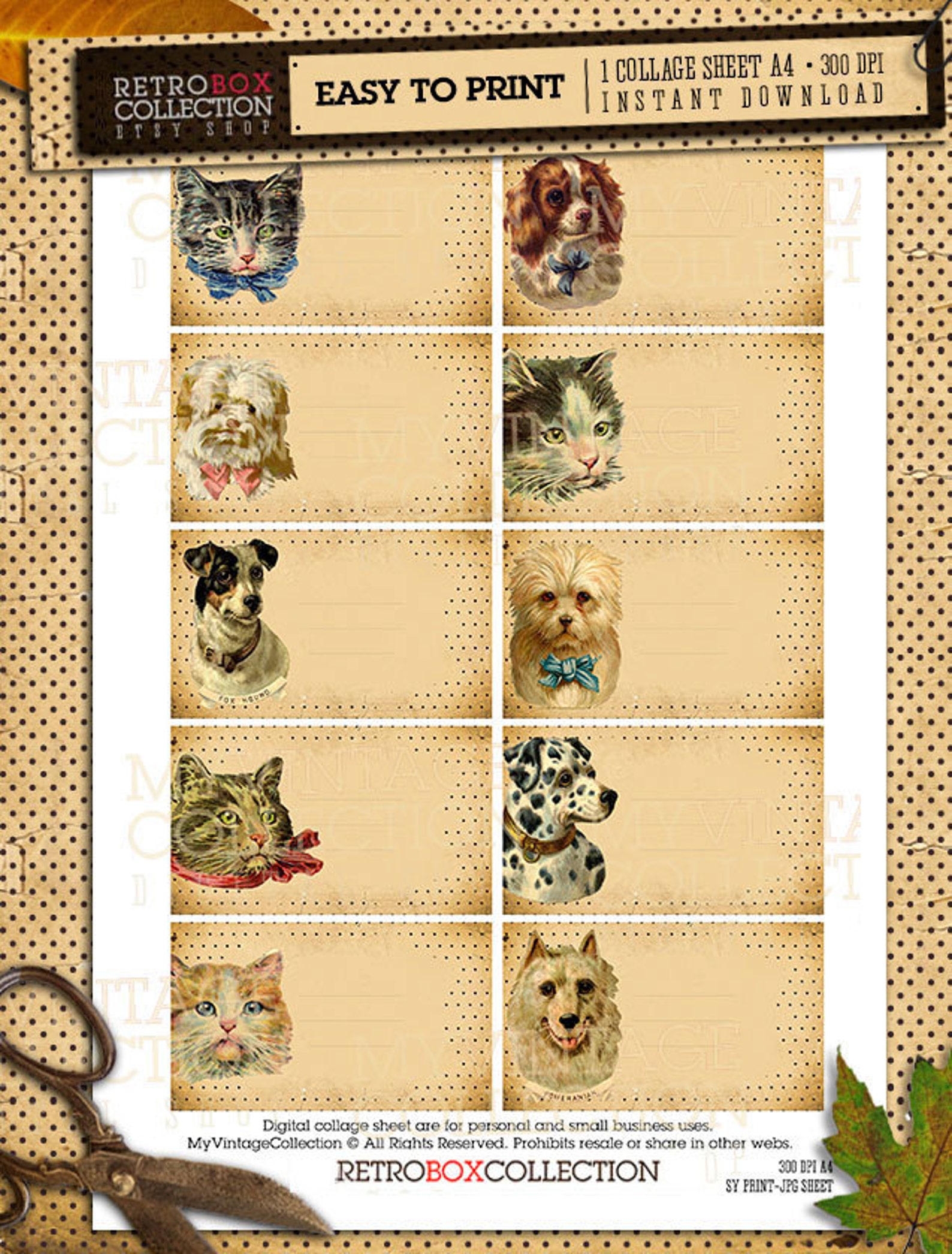 Dogs & Cats Labels Vintage Polka Dot - 10 Labels Digital Dog Cat Tags ...