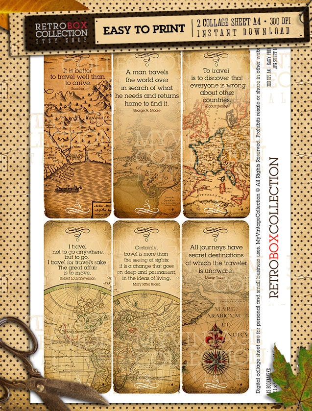 Bookmark Travel Quotes Maps Vintage - 12 Bookmarks Digital Printable ...
