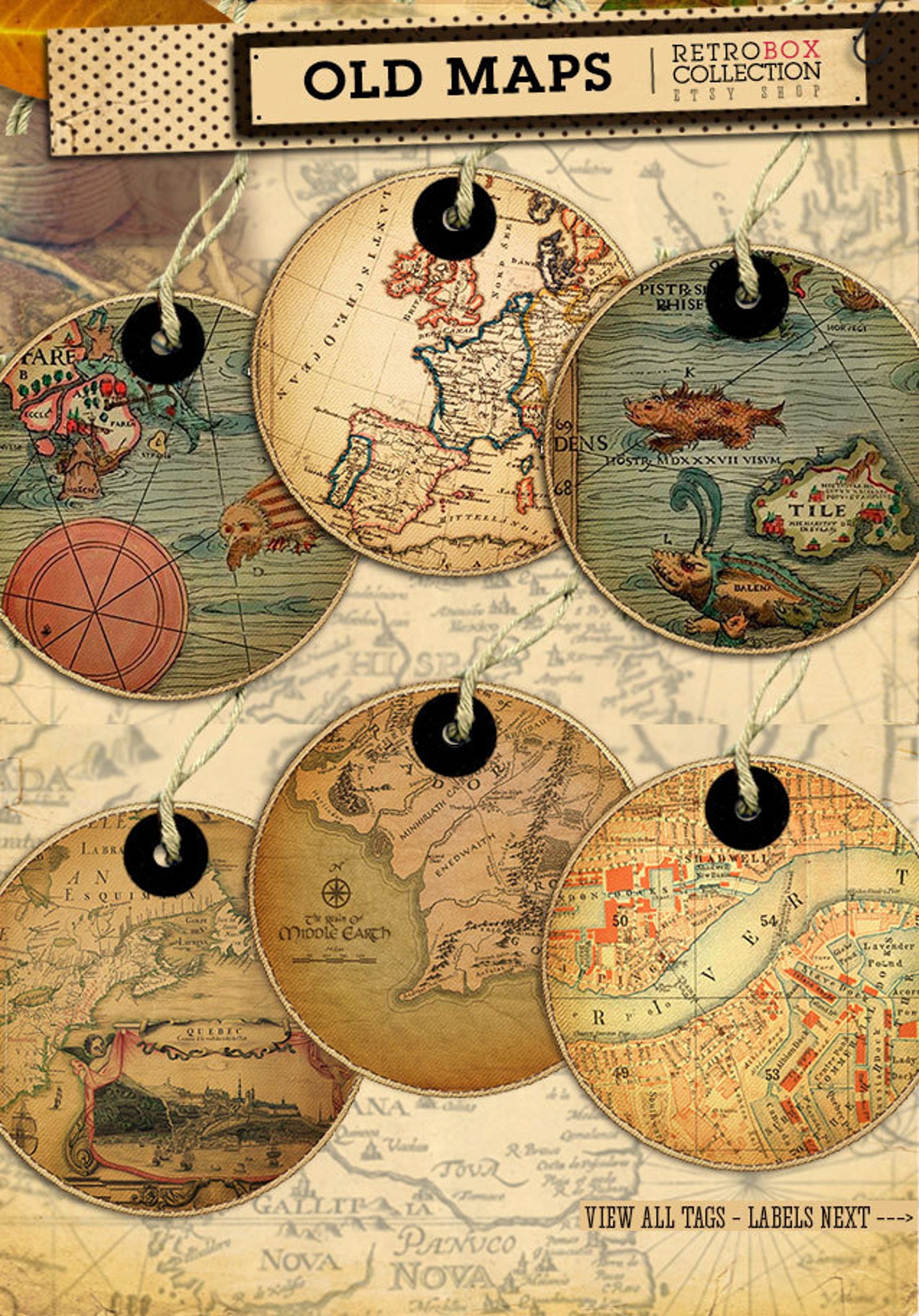 Old Maps Vintage Round Tags - 12 Retro Round Tags 2 in Digital ...