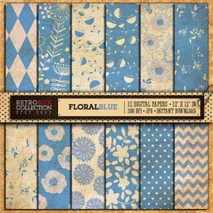 Floral Blue Digital Papers Vintage Papers Pastel Wallpaper - 12 Digital ...